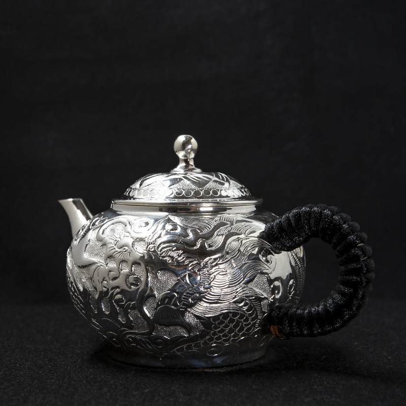 Dragon and phoenix silver teapot